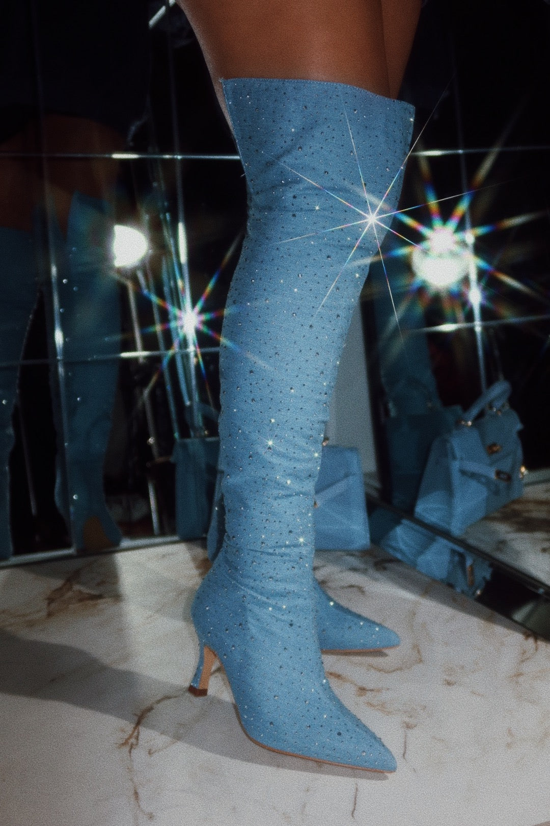 Miss Lola | Shine Bright Denim Embellished Over The Knee Heel Boots ...