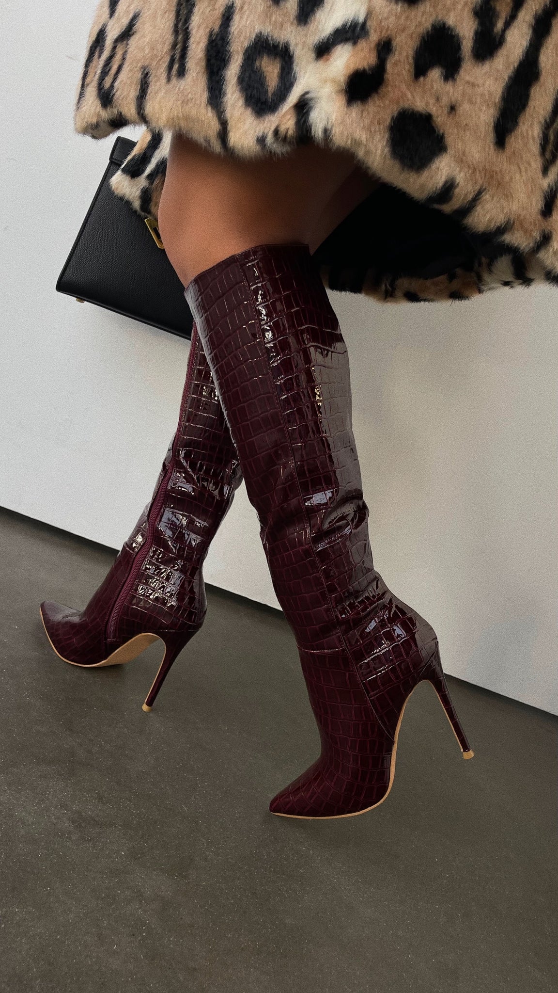 Miss Lola | Trisha Cherry Knee High Heel Boots – MISS LOLA